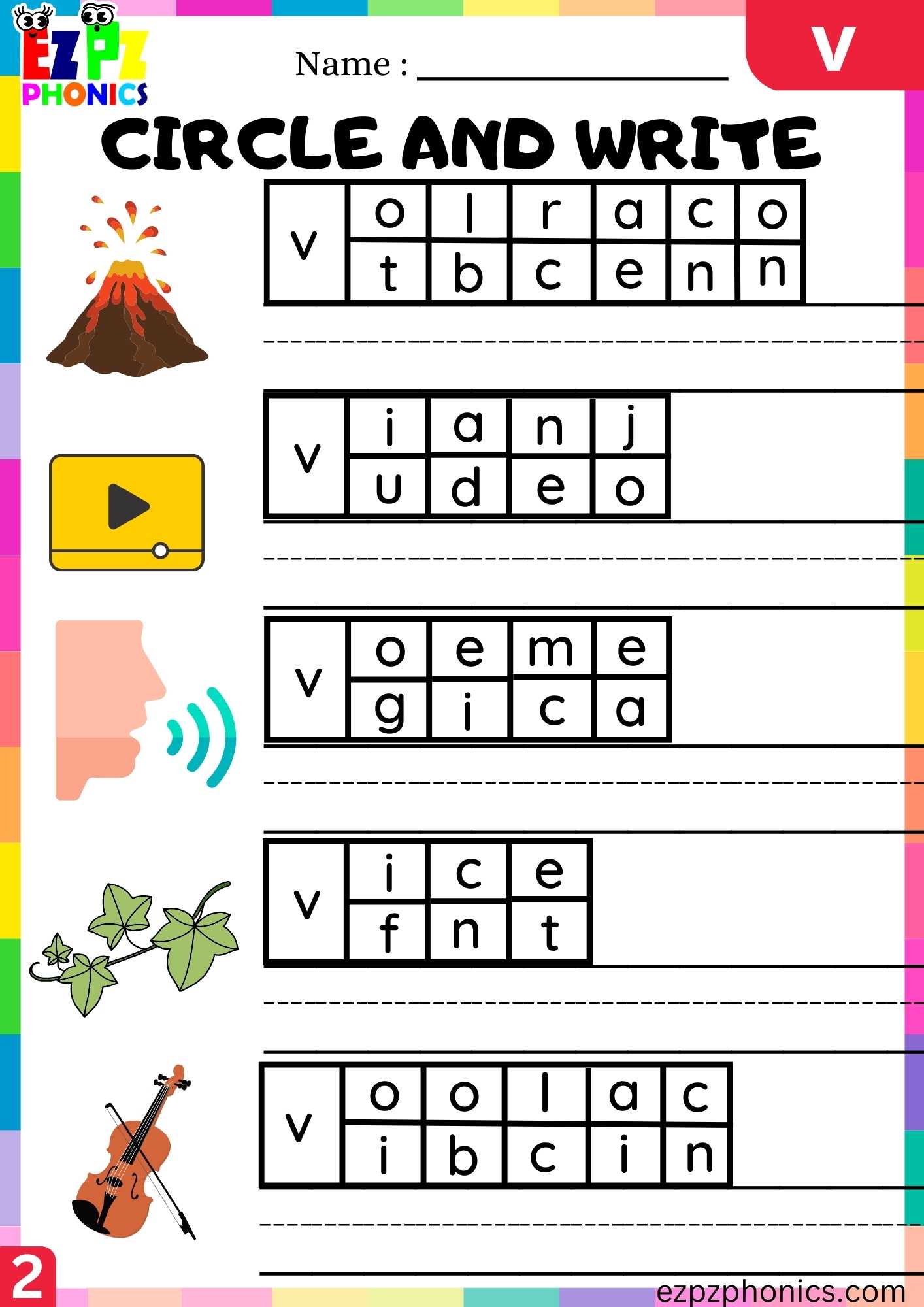 Group2 Letter V Circle And Write Beginning Sounds Worksheet - ezpzphonics.com